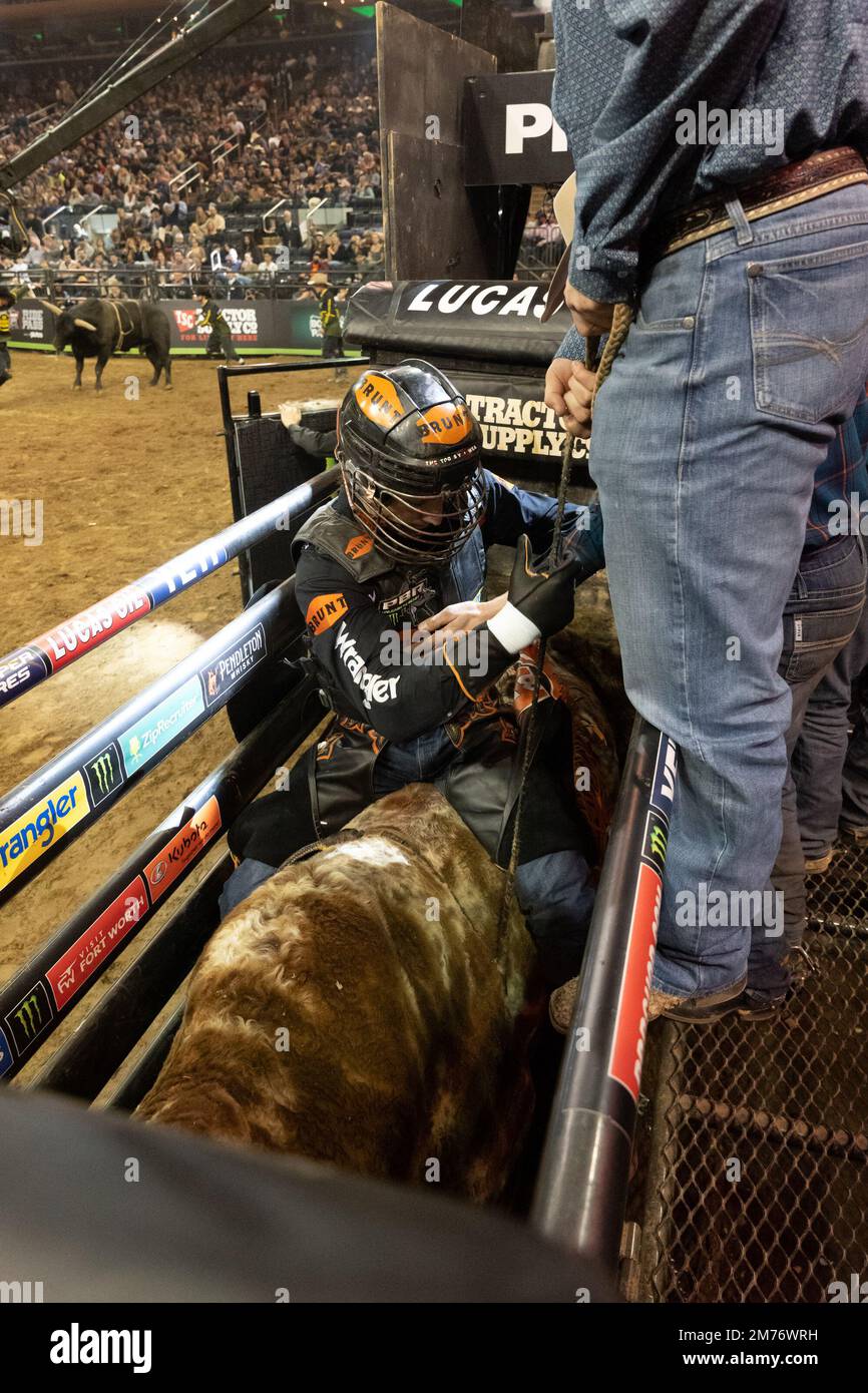 New York, New York, USA. 7th Jan, 2023. Professional bull rider CASEY ROBERTS of Monford, AL ...