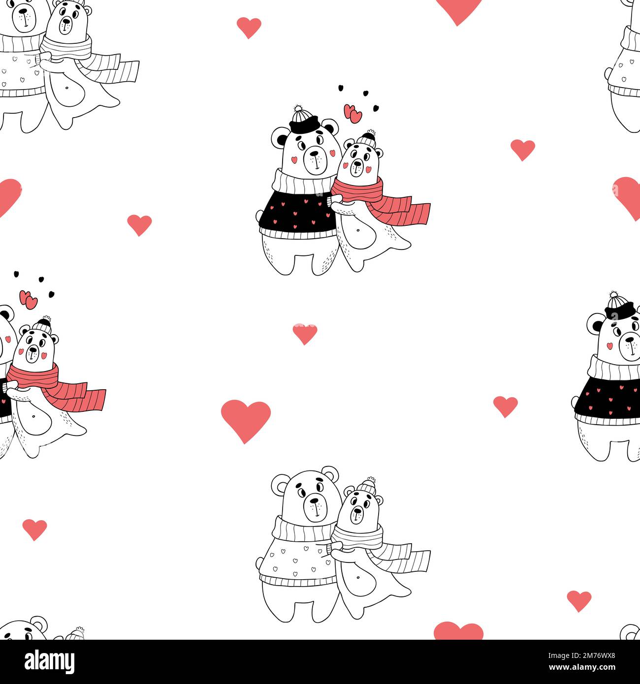 Love seamless pattern. Cute romantic hugging bears on white background with hearts. Vector ...