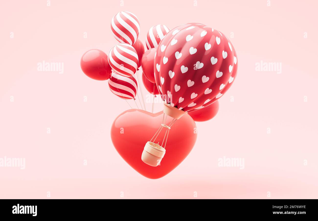 Hot air balloon and love heart shape, 3d rendering. Digital drawing ...