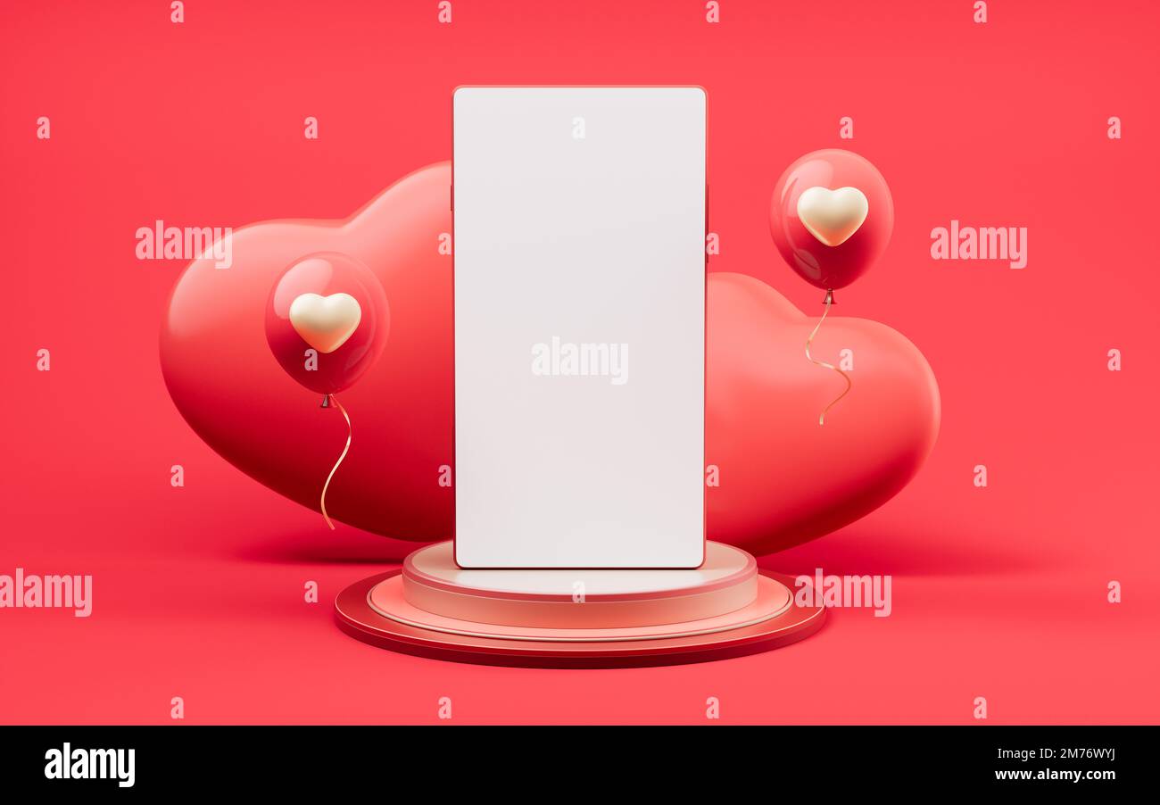 Love heart and blank mobile phone screen, 3d rendering. Digital drawing ...