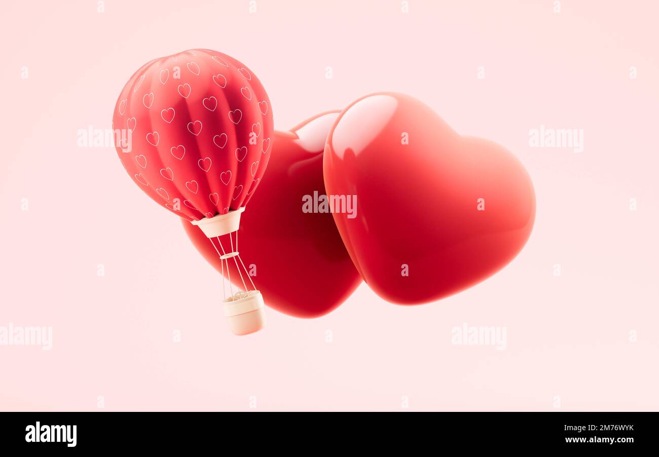 Hot air balloon and love heart shape, 3d rendering. Digital drawing ...