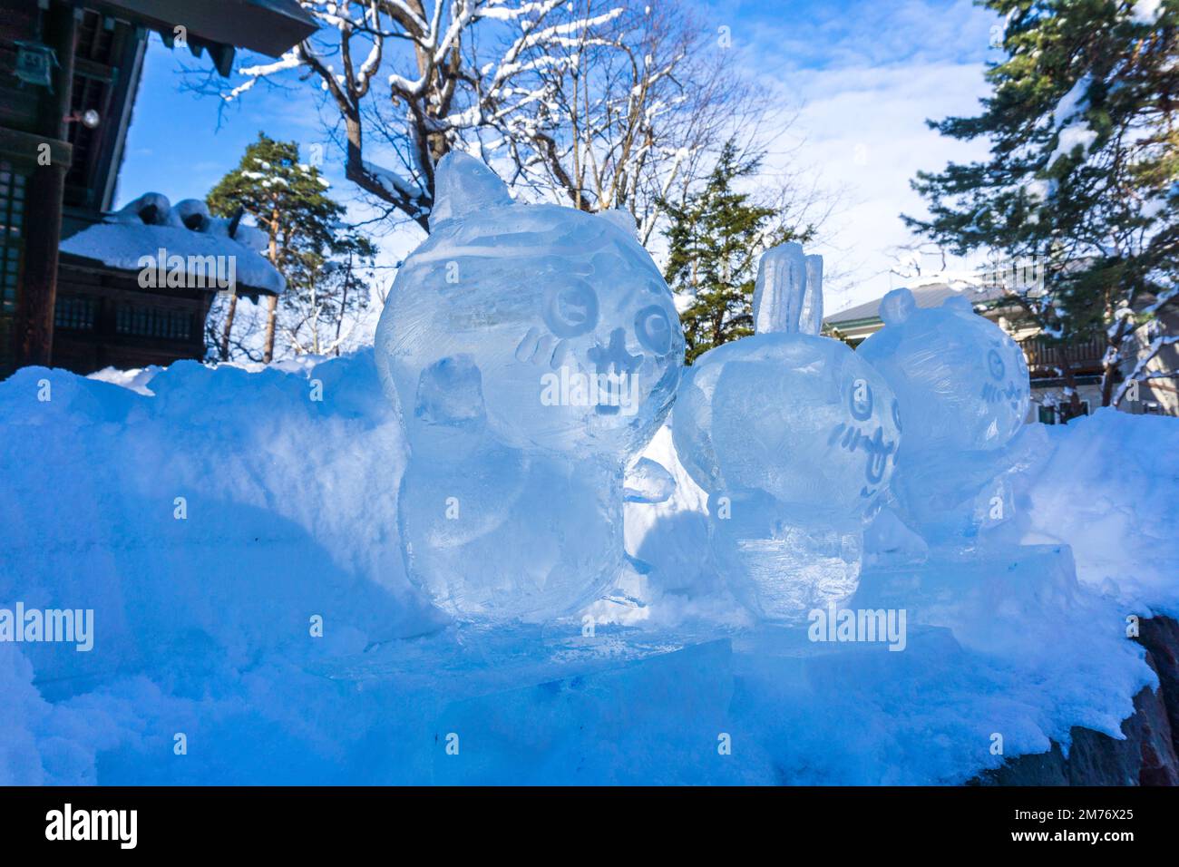 Cute Japanese ice sculptures on a sunny day at Higashikawa Shrine at ...