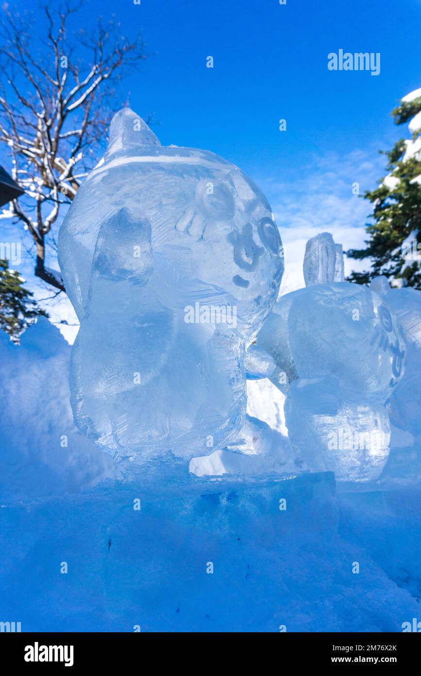 Cute Japanese ice sculptures on a sunny day at Higashikawa Shrine at ...