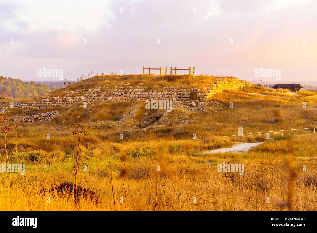 Sunrise view of an ancient palace in Tel Lachish, the Shephelah region ...
