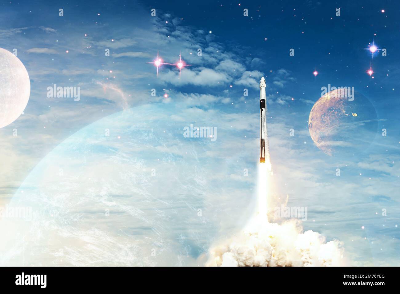 rockets launch into space on the starry sky. spacecraft flies into ...