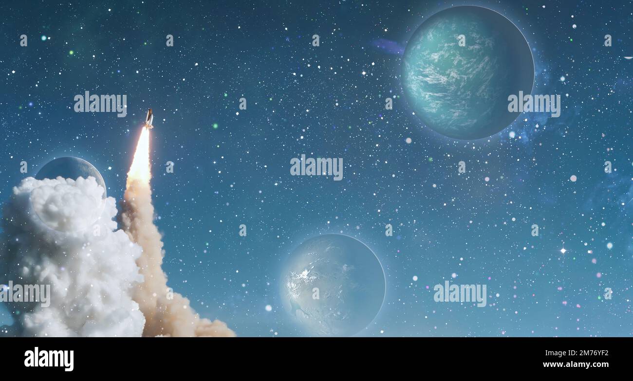 rockets launch into space on the starry sky. spacecraft flies into ...