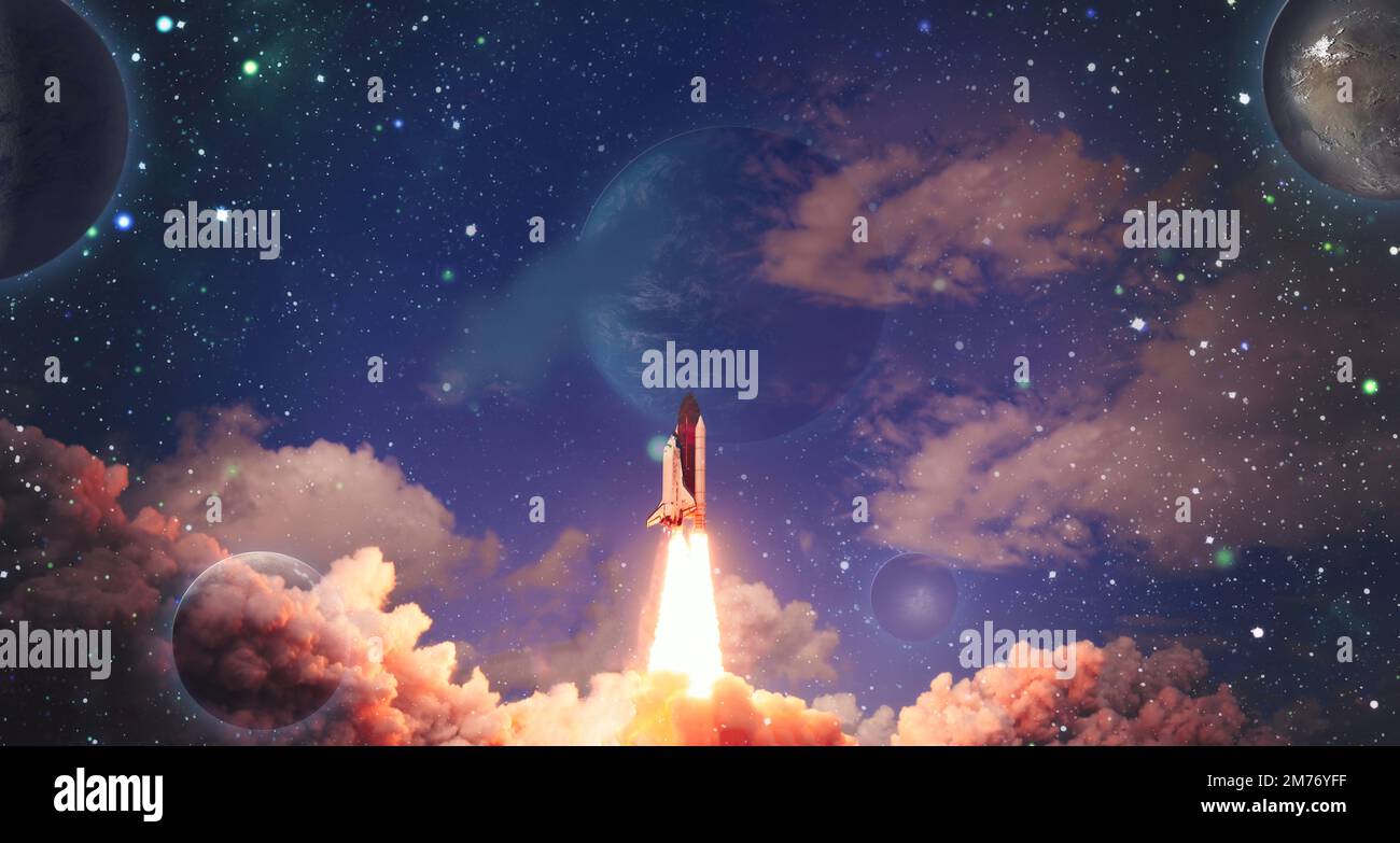 shuttle launch in the clouds to outer space. Dark space with stars on ...
