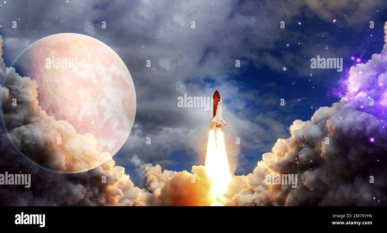 rockets launch into space on the starry sky. spacecraft flies into ...