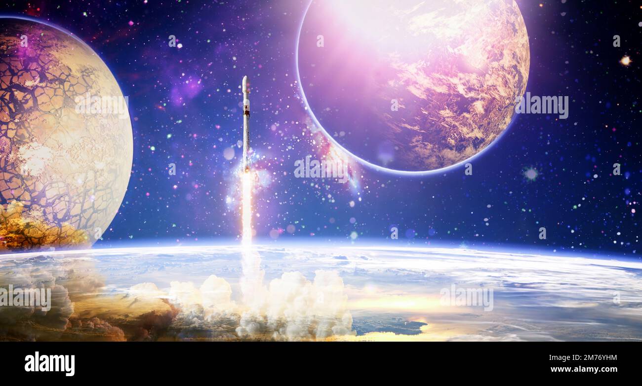 rockets launch into space on the starry sky. spacecraft flies into ...