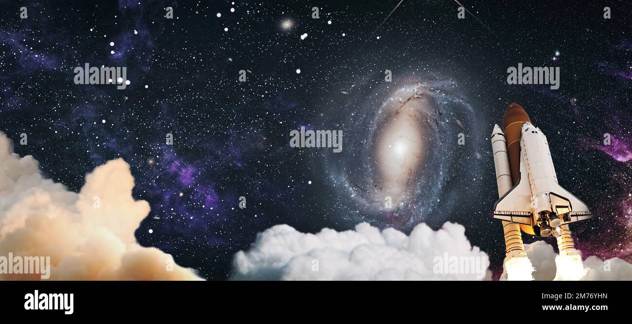 rockets launch into space on the starry sky. spacecraft flies into ...