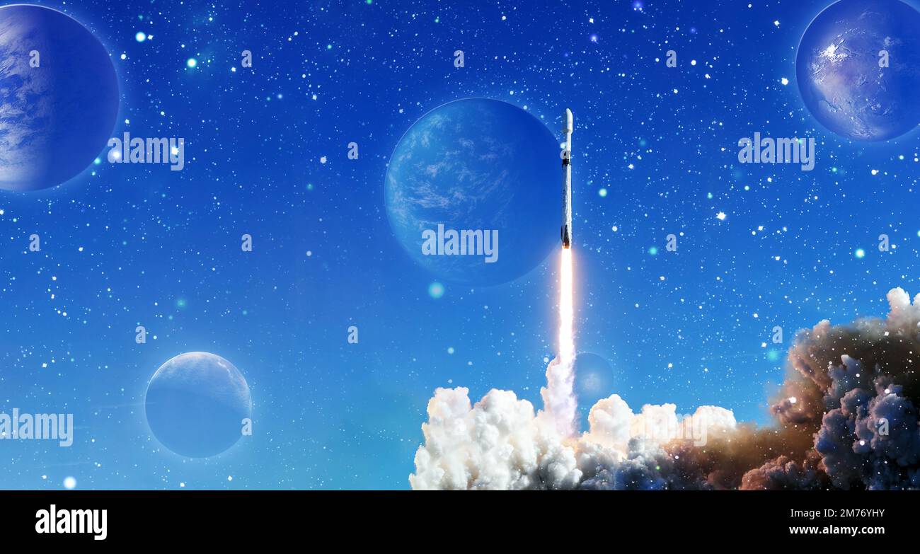 rockets launch into space on the starry sky. spacecraft flies into ...