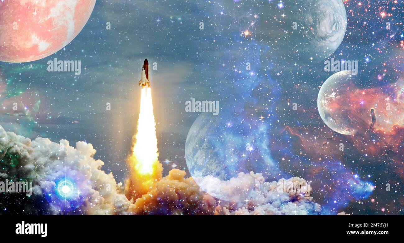 shuttle launch in the clouds to outer space. Dark space with stars on ...