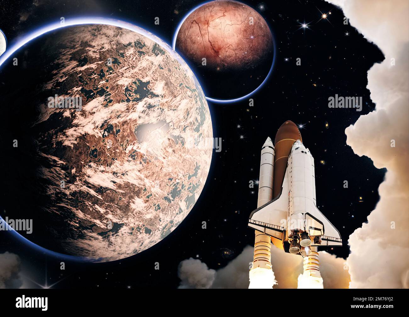 rockets launch into space on the starry sky. spacecraft flies into ...