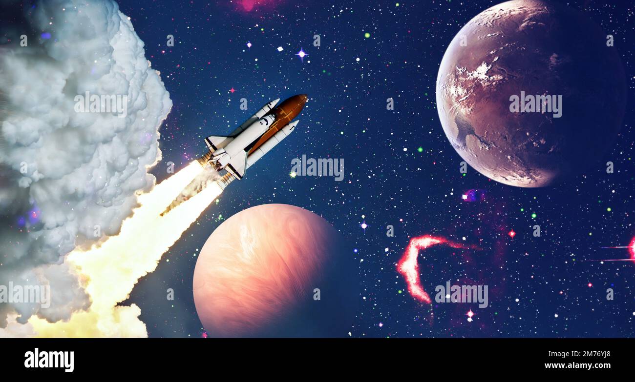 rockets launch into space on the starry sky. spacecraft flies into ...