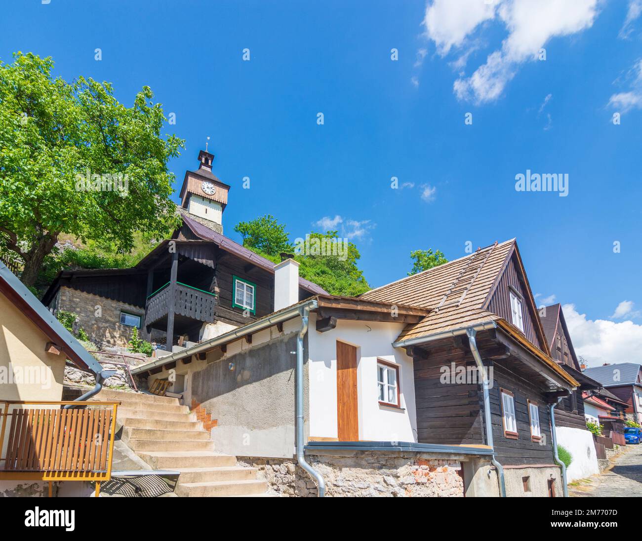 Stramberk (Stramberg): typical Moravian wooden houses, bell tower of ...