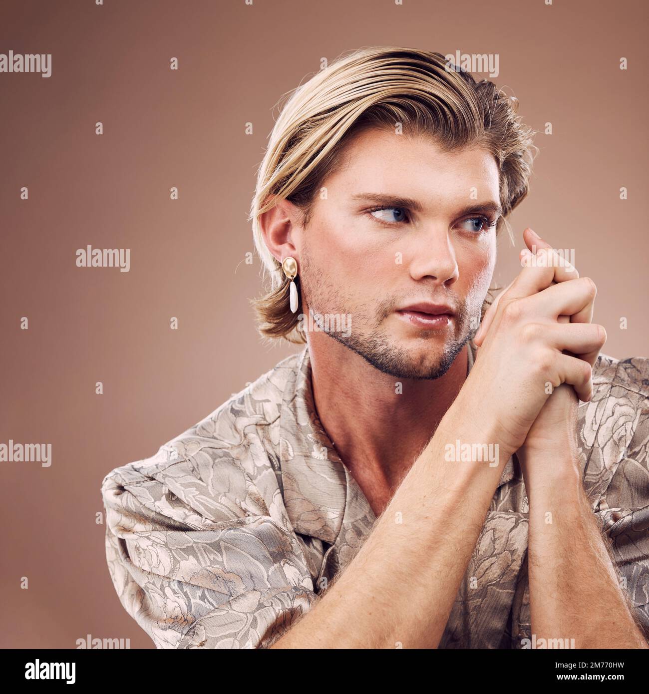 Fashion, beauty and art, non binary model in creative make up with ...