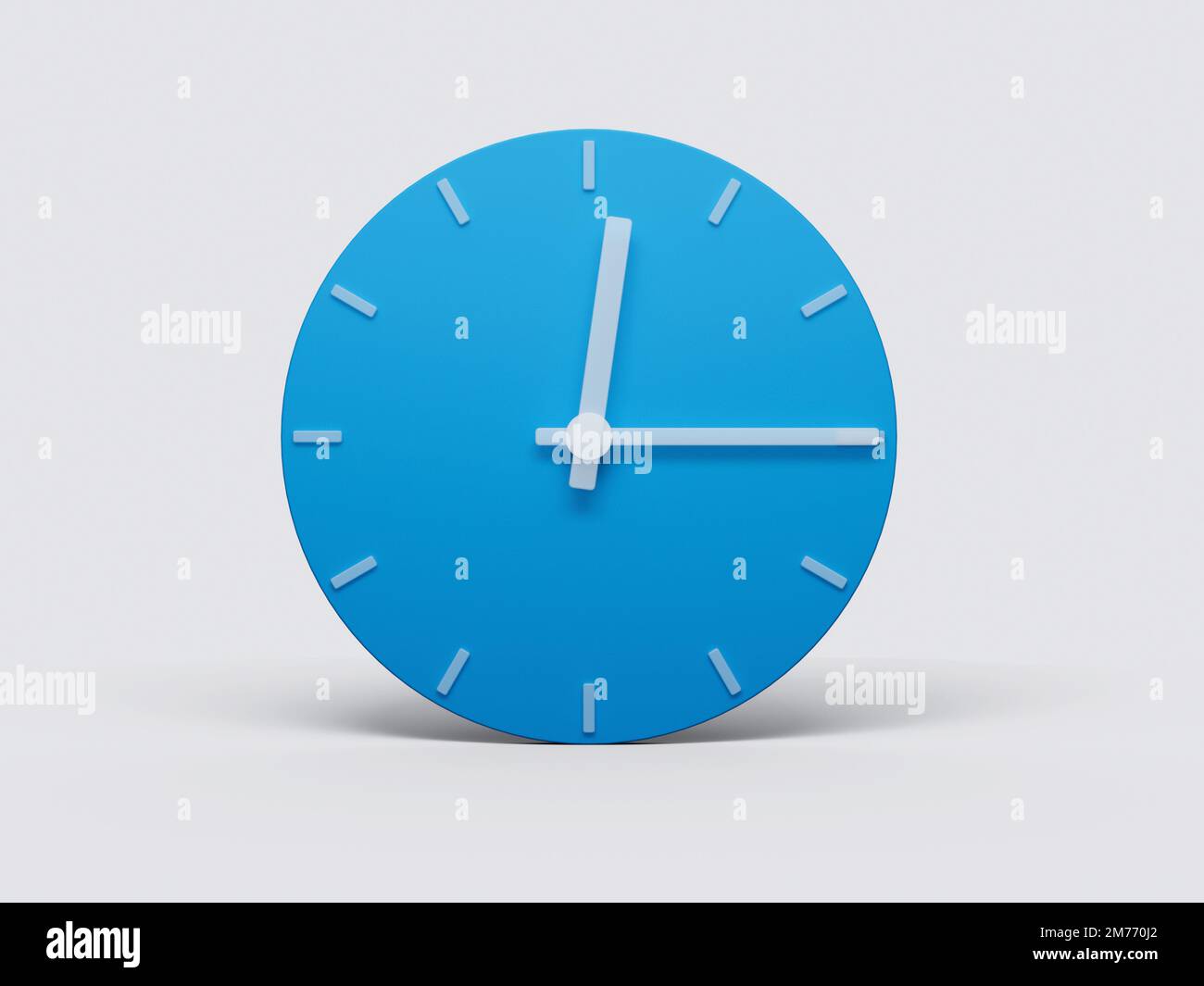 A 3d rendering of a minimalistic blue wall clock showing 11:15 o'clock ...