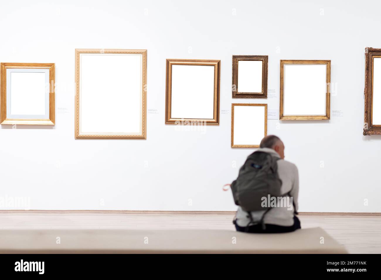 Back view of man with backpack sitting on bench and watching at frames ...
