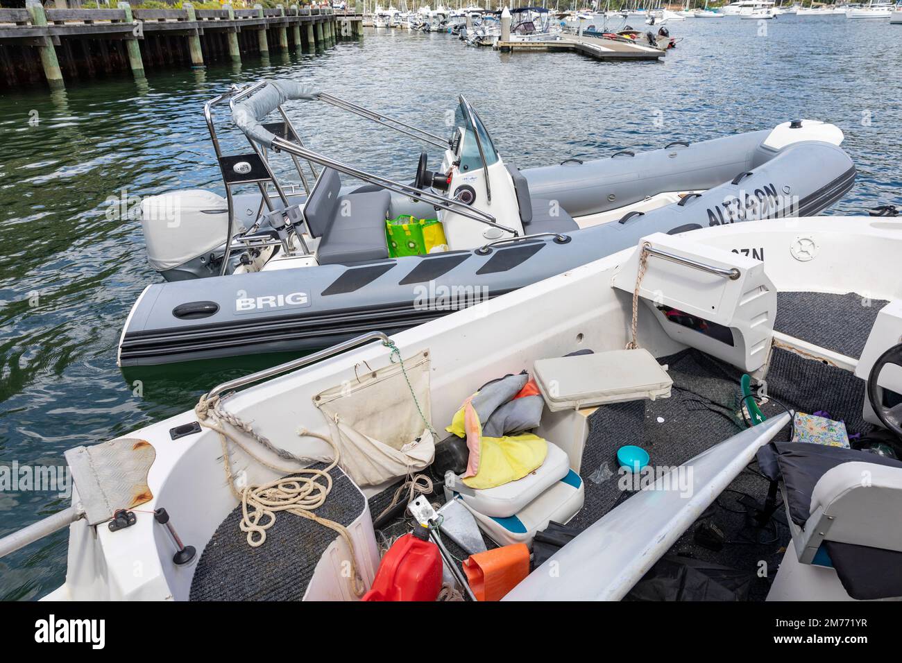 Church Point Pittwater, BRIG RIB boat moored at the commuter wharf in ...