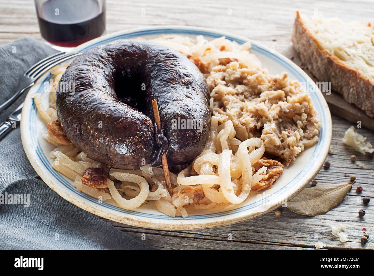 Bloody sausage morcilla, stewed sour turnip and mashed potato with ...