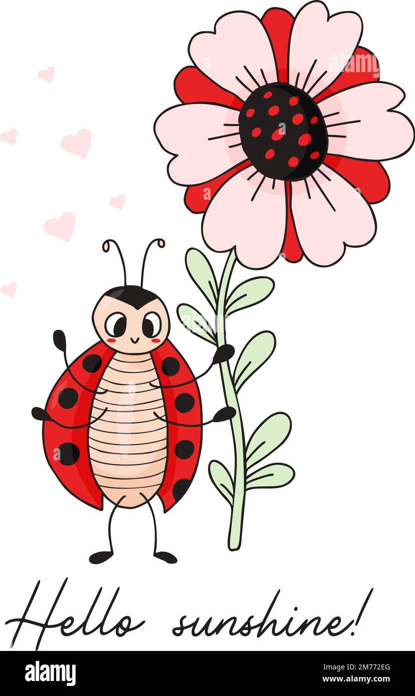 Cool postcard with cute ladybug. Enamored insect ladybird with big ...