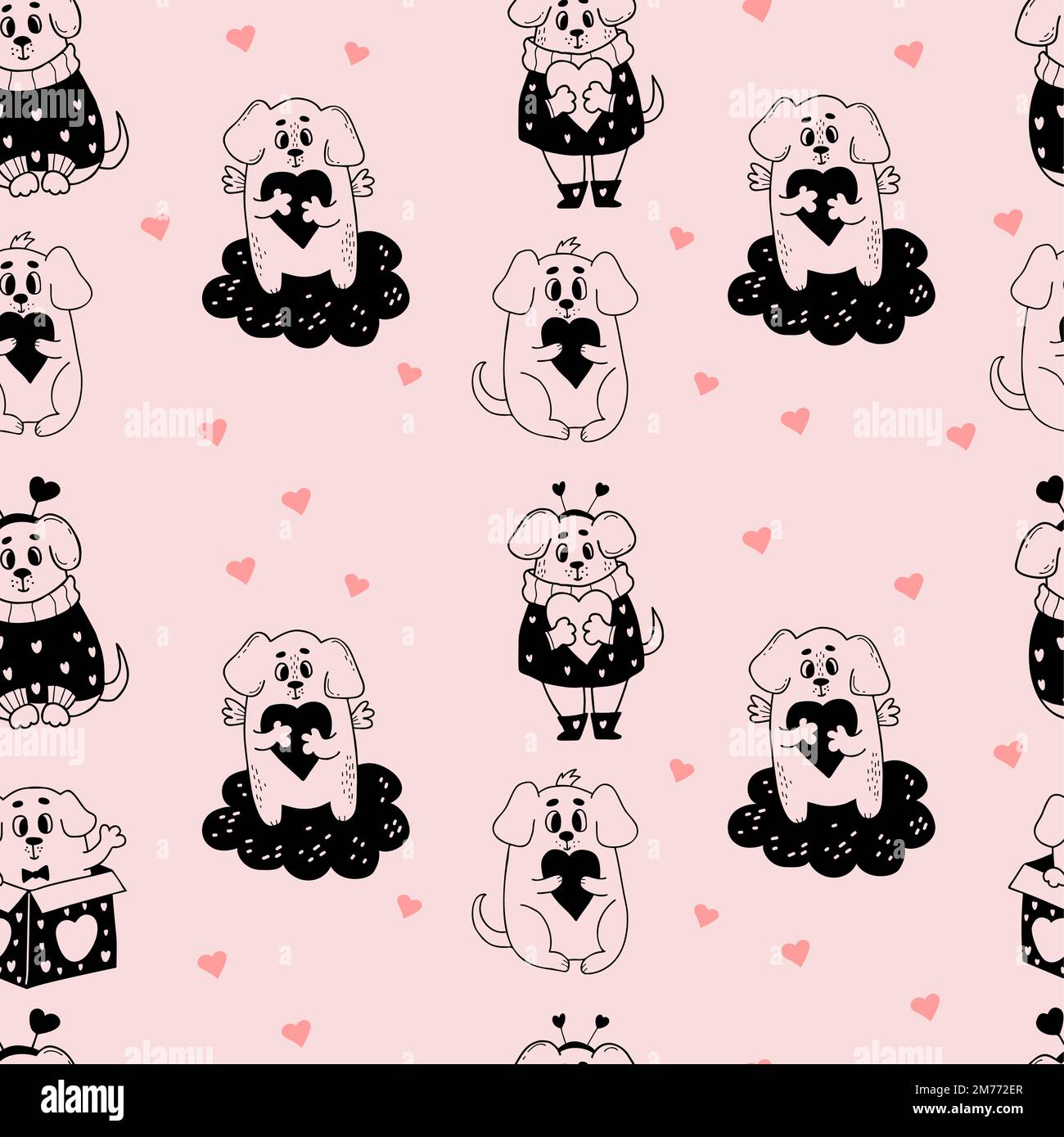 Romantic pet seamless pattern. Cute enamored dogs with hearts on light ...