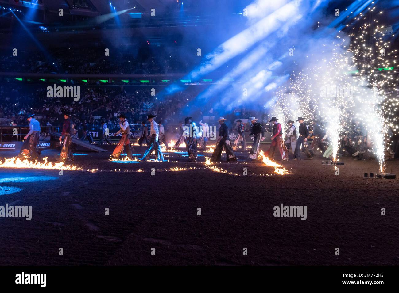 NEW YORK, NEW YORK – JANUARY 07: Bull riders enter the field during the ...