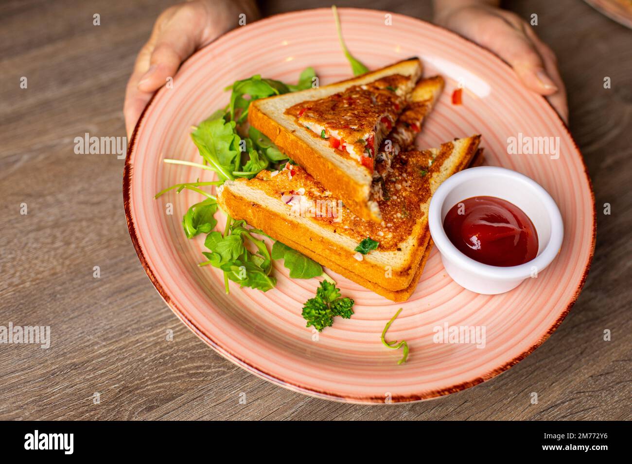 Hands of human hold plate of fresh appetizing toasts with savory tomato ...