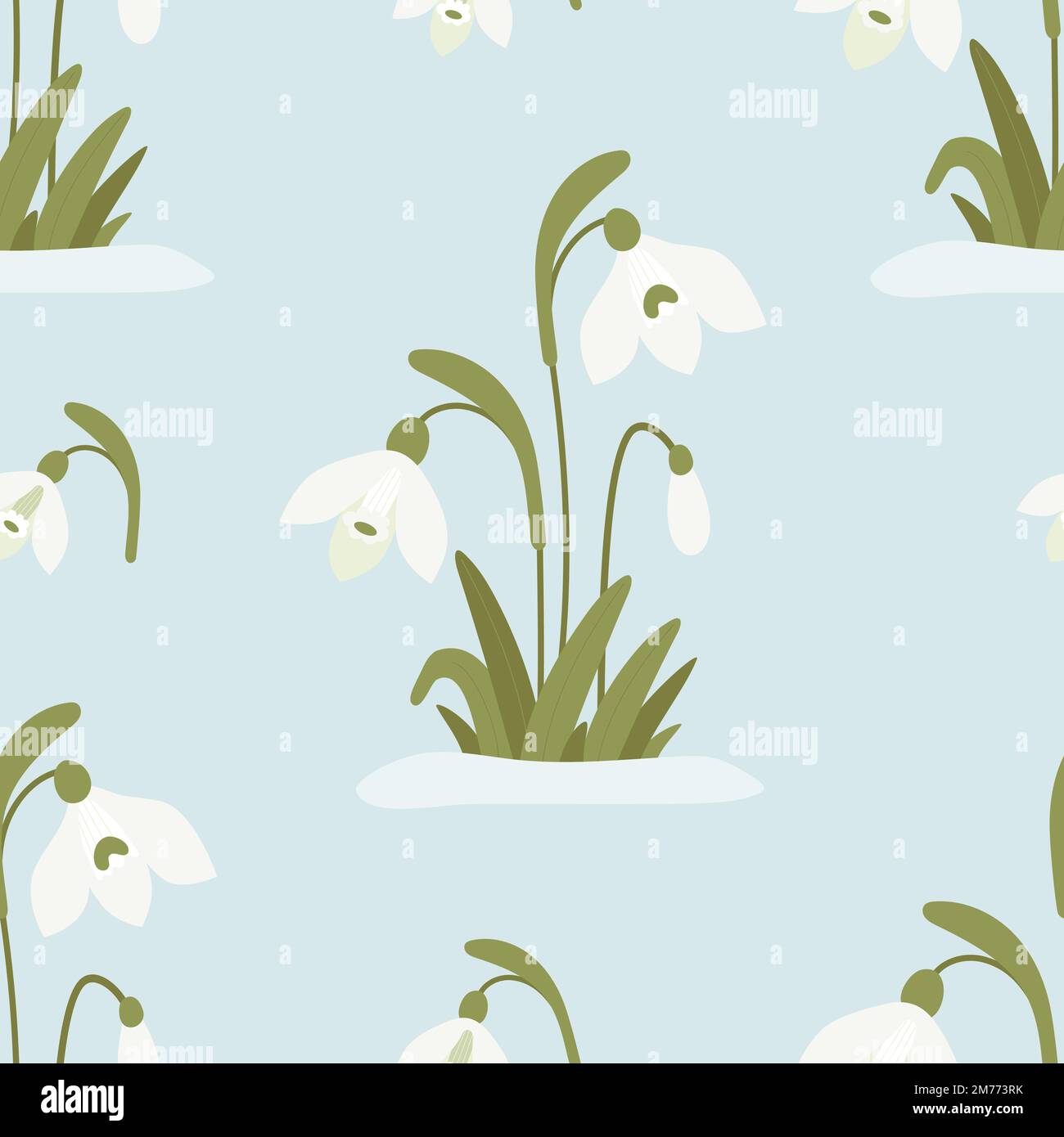 Floral seamless pattern. blooming first spring snowdrop flowers in snow ...
