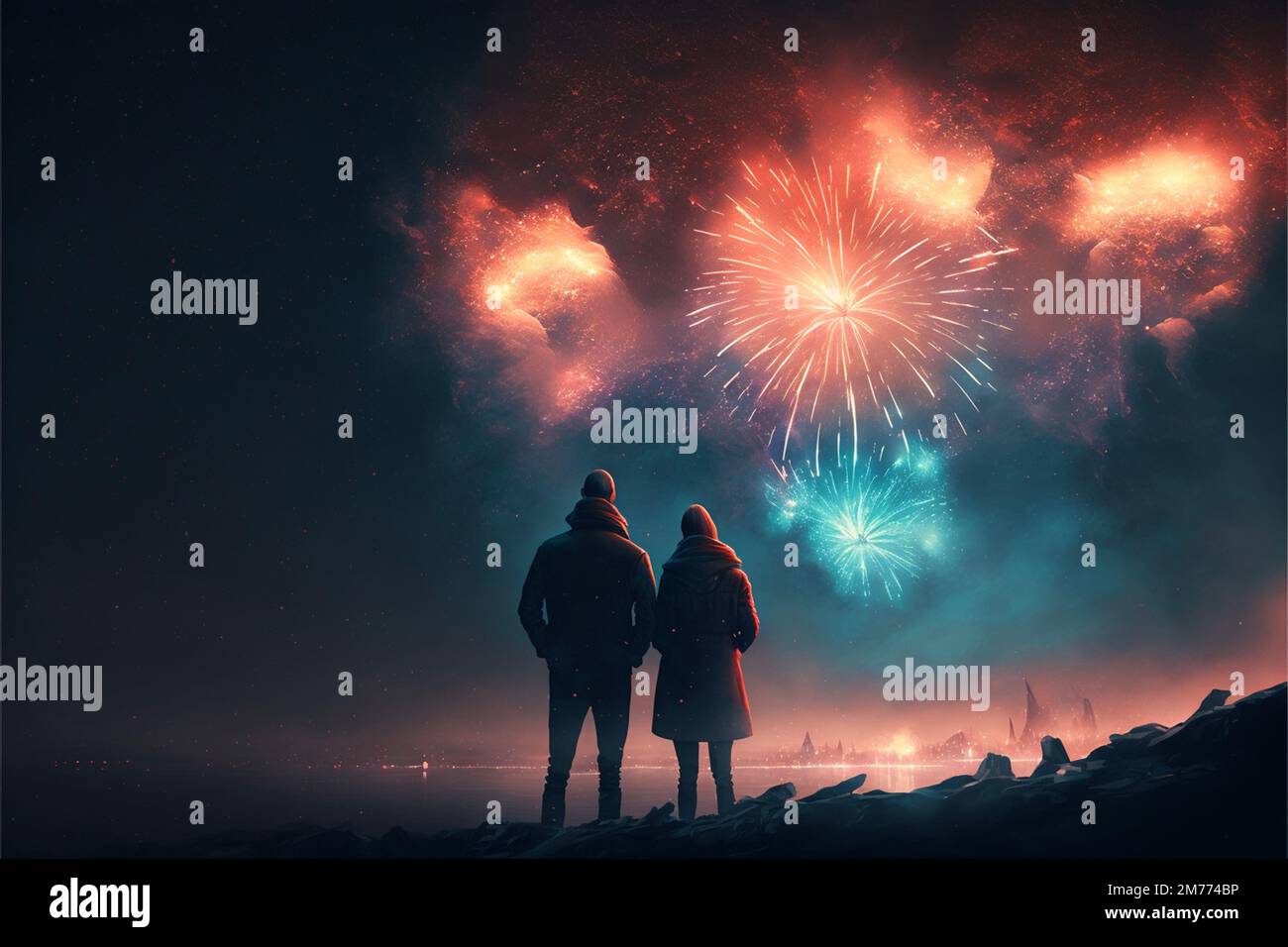 couple in front of fireworks background, back view Stock Photo - Alamy