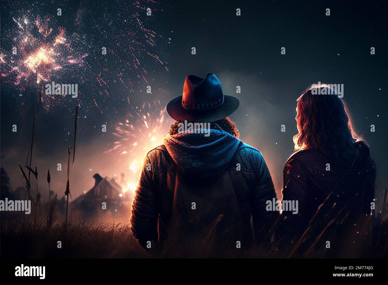 couple in front of fireworks background, back view Stock Photo - Alamy
