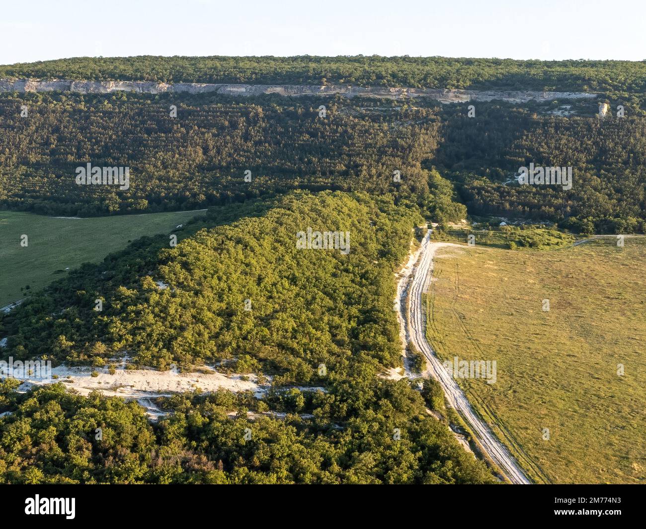 Aerial view on green wheat field, road and hills in countryside. Field ...