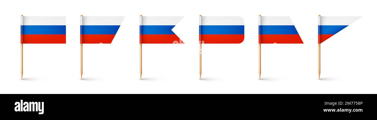 Realistic various Russian toothpick flags. Souvenir from Russia. Wooden ...