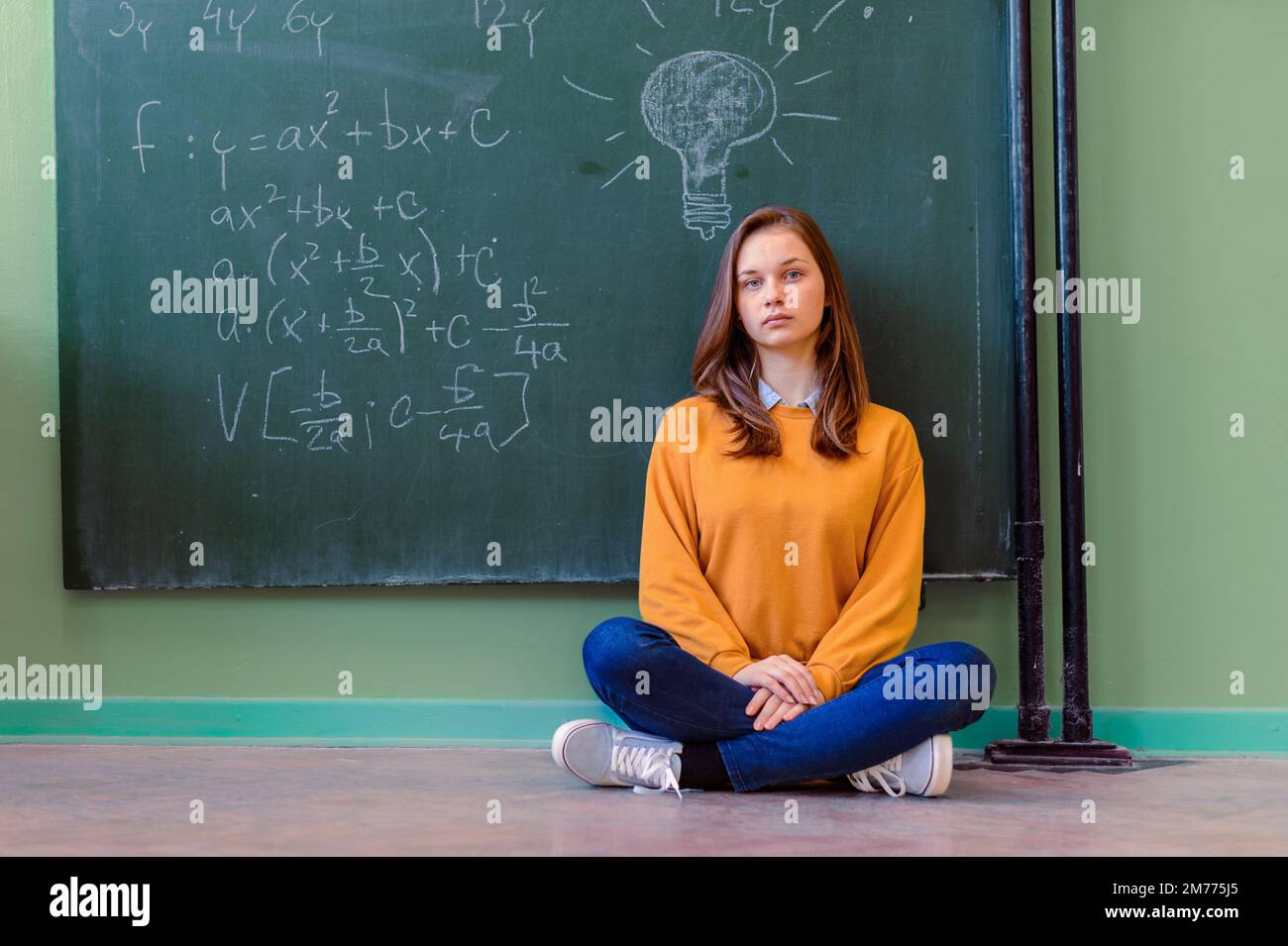 Teenager girl in math class overwhelmed by the math formula. Pressure ...
