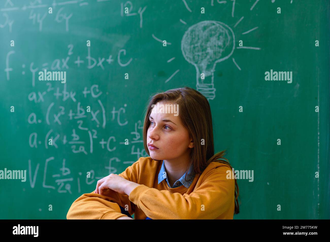 Teenager girl in math class overwhelmed by the math formula. Pressure ...