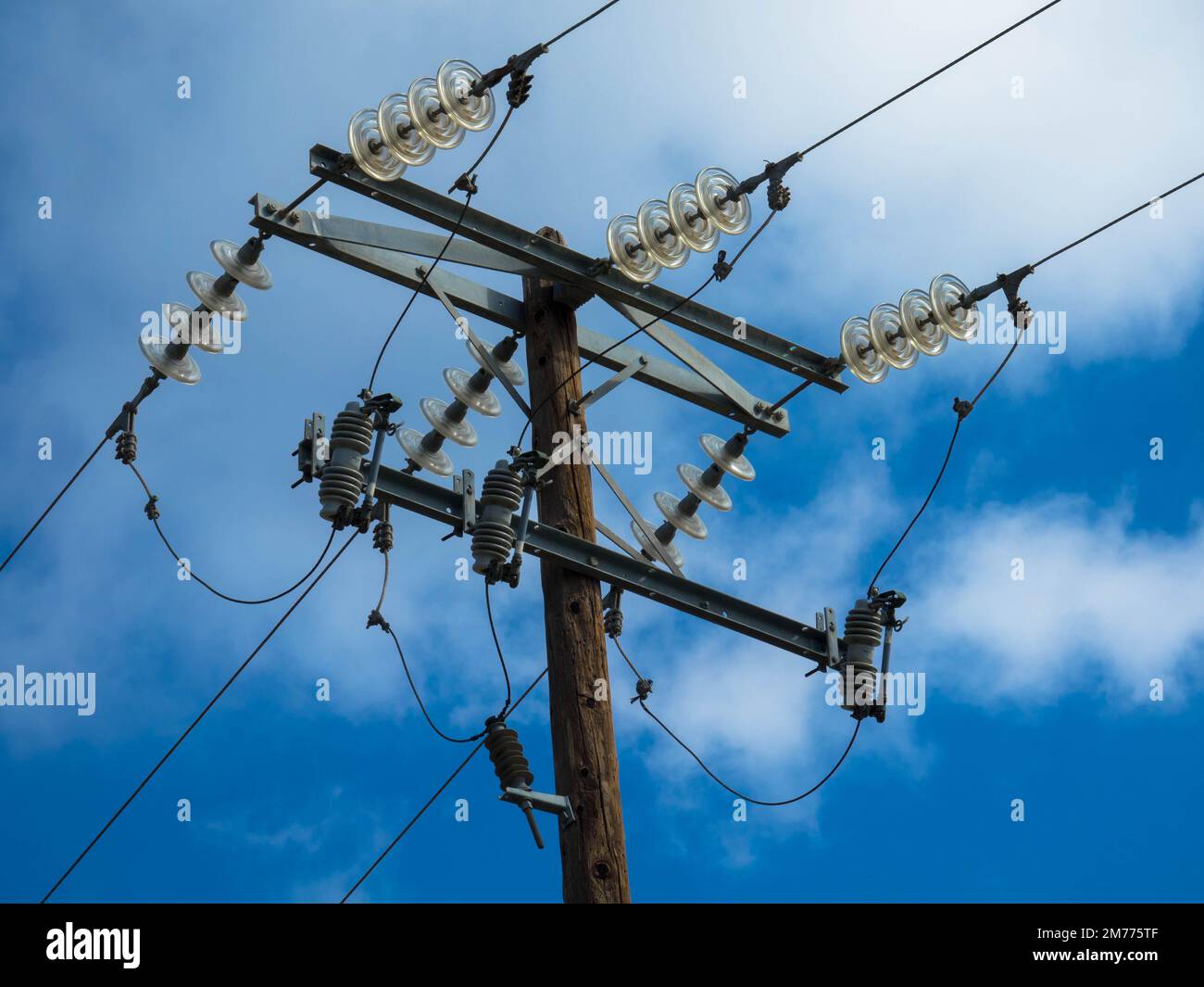 Close up of high-voltage insulating support of a transmission line ...