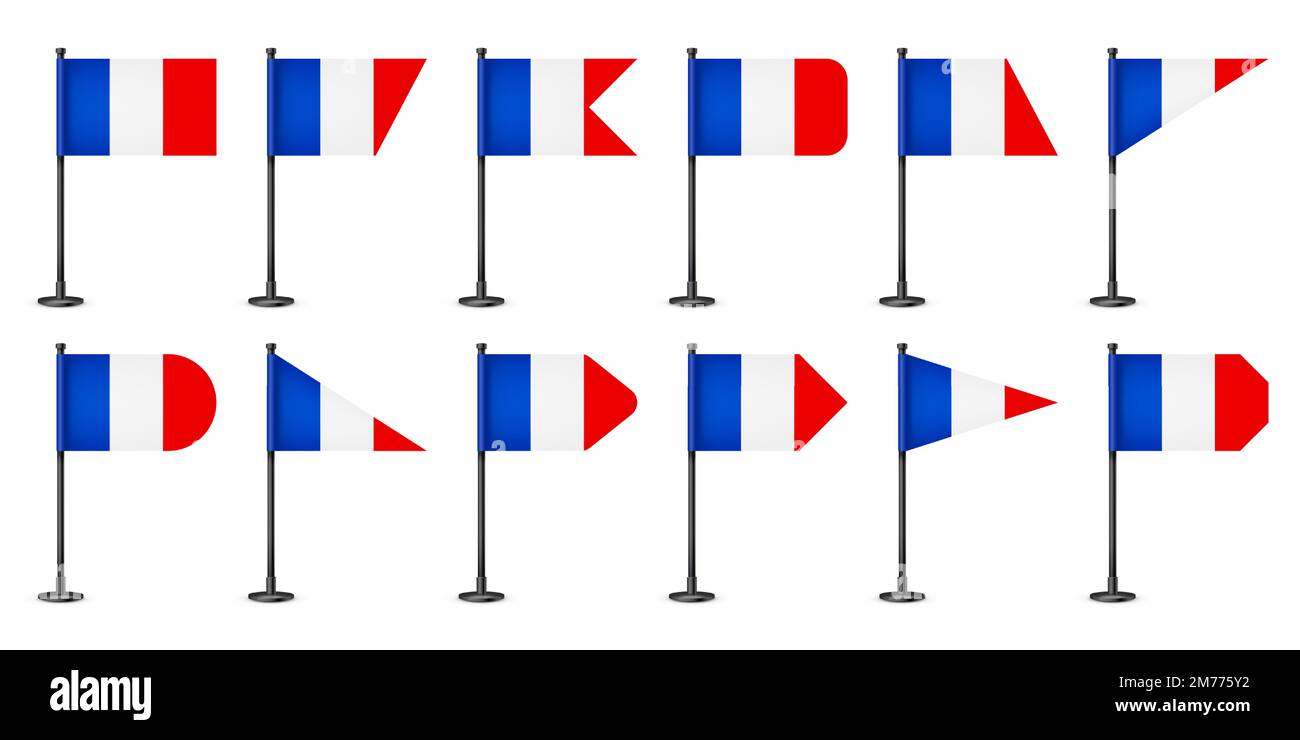Realistic various French table flags on a black steel pole. Souvenir ...