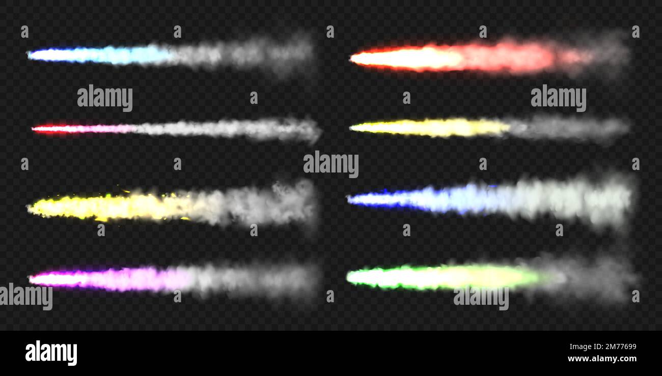 Realistic colorful space rocket trails. Festive fireworks launch. Fire ...