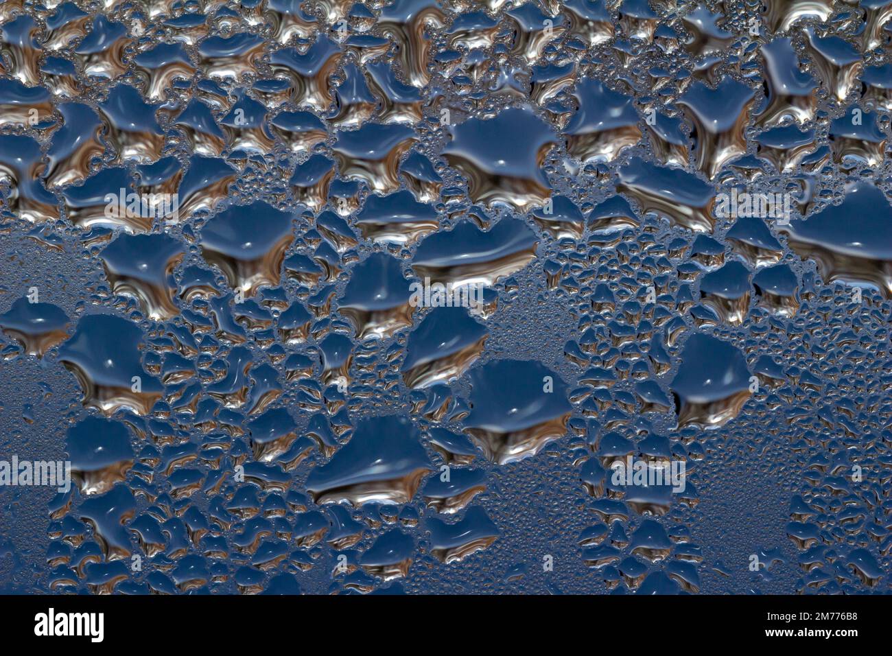 Macro abstract texture background of water droplets and ice forming on an interior glass window ...
