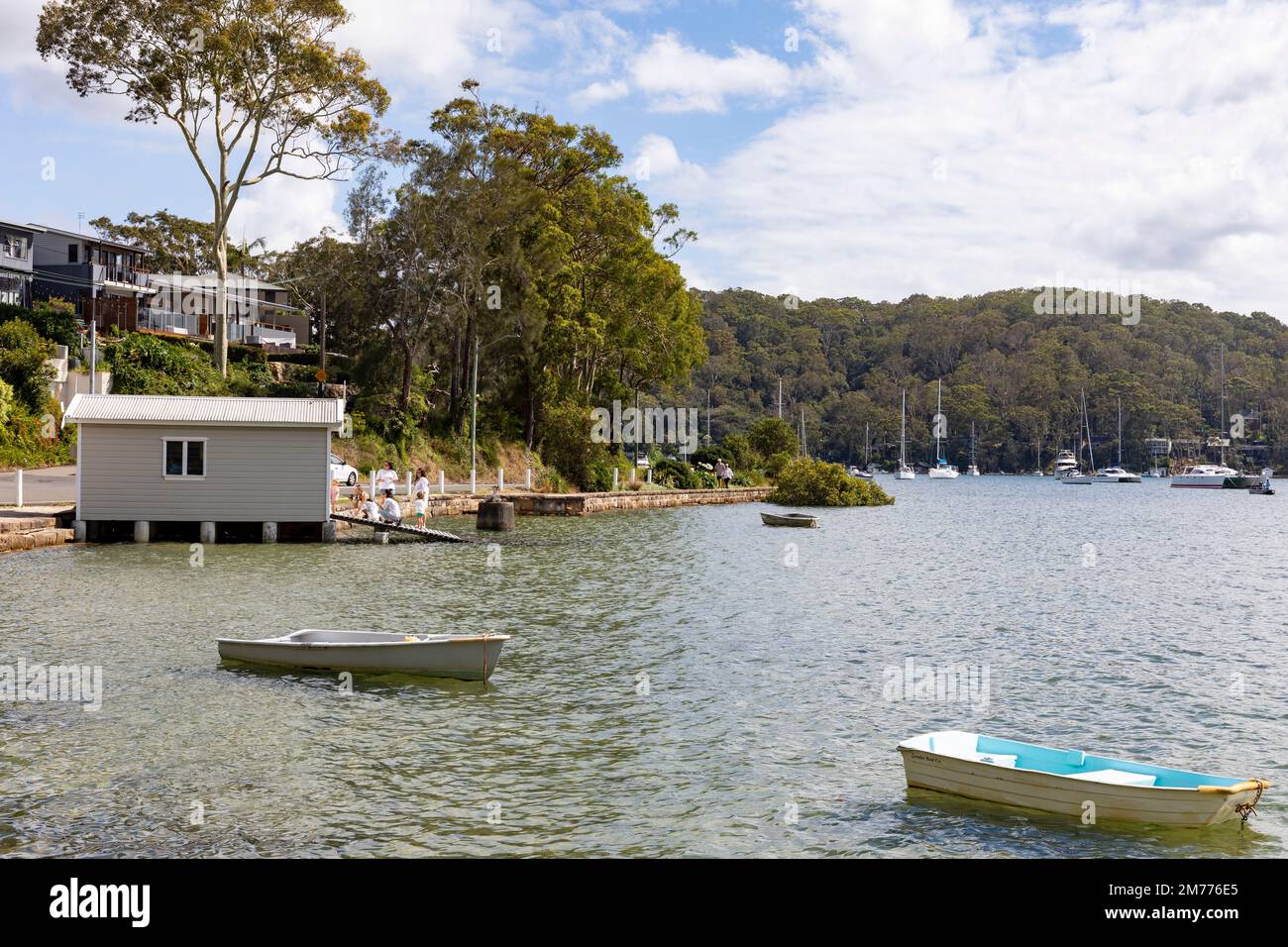 Pittwater with boats and yachts moored viewed from Church Point Sydney ...