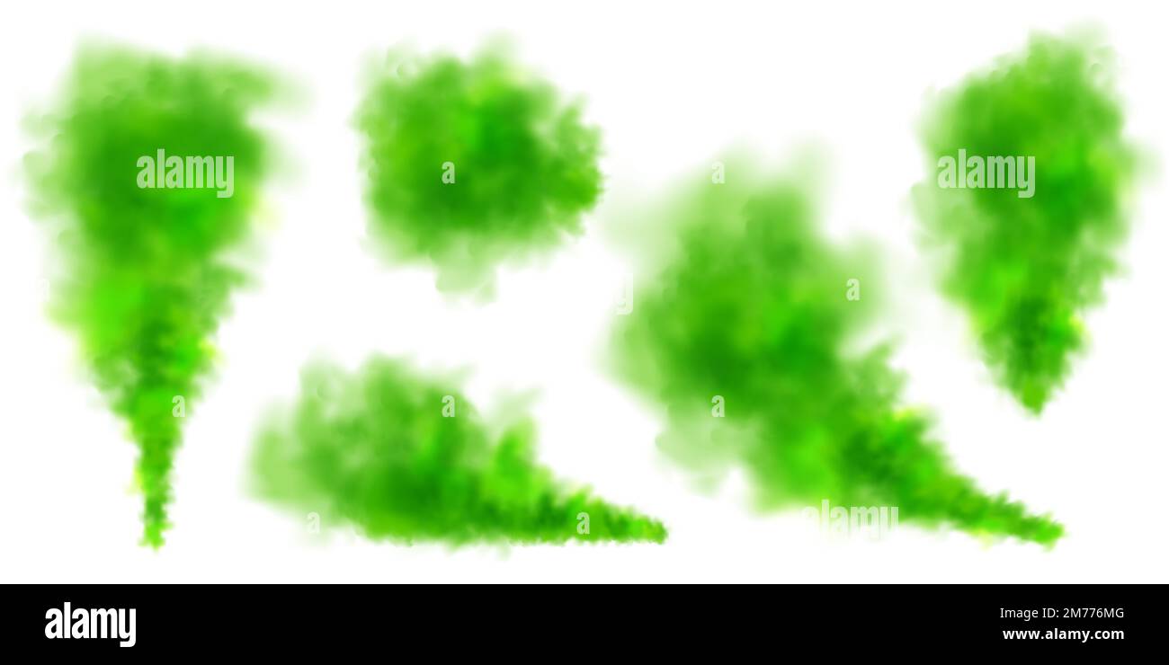 Green colorful smoke clouds isolated on white background, realistic ...