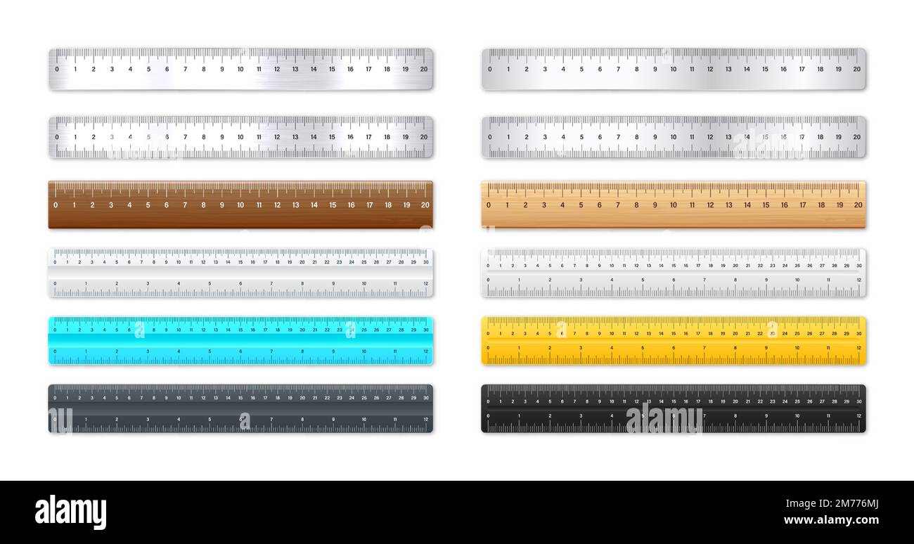 Realistic various metal and plastic rulers with measurement scale and ...