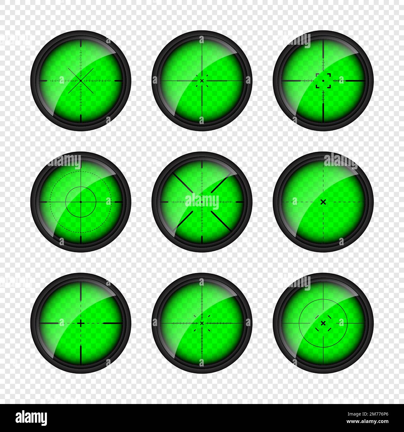 Various weapon night sights, sniper rifle optical scopes. Hunting gun ...