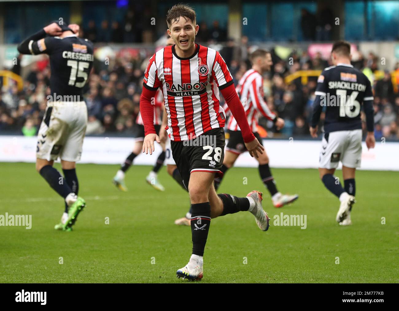 London, UK. 7th Jan, 2023. James McAtee of Sheffield United celebrates ...