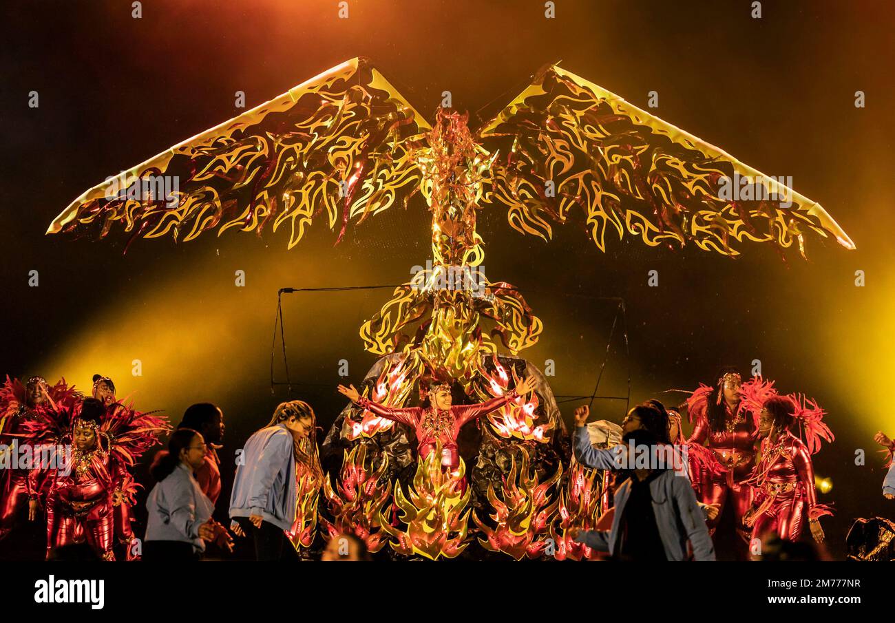 Carnival dancers performs on stage during The Awakening at Headingley ...