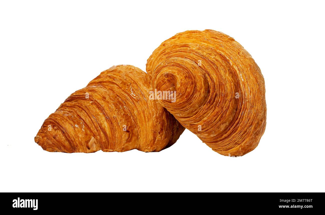 Two fresh baked croissants, French bakery composition isolated on white ...