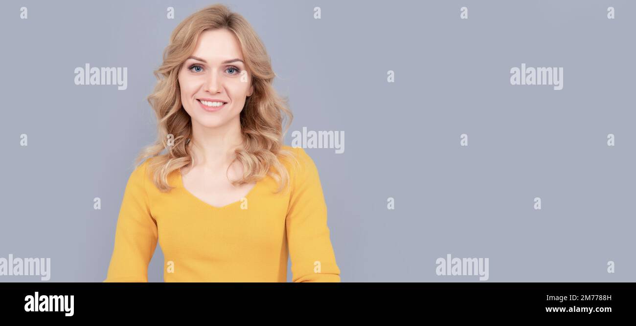 Woman isolated face portrait, banner with mock up copy space. blonde ...