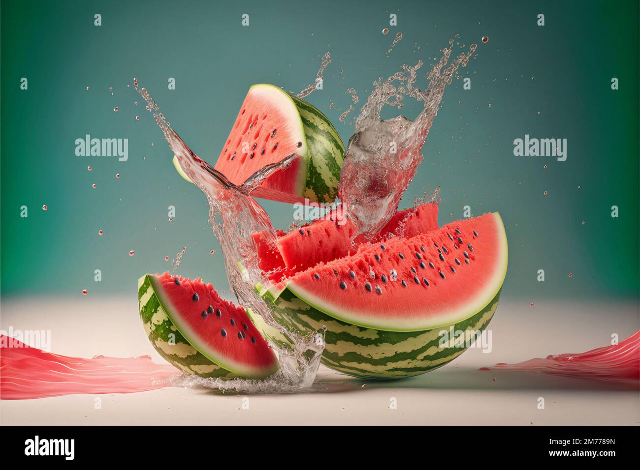 A closeup of watermelon slices and the juice splashes on a dark ...