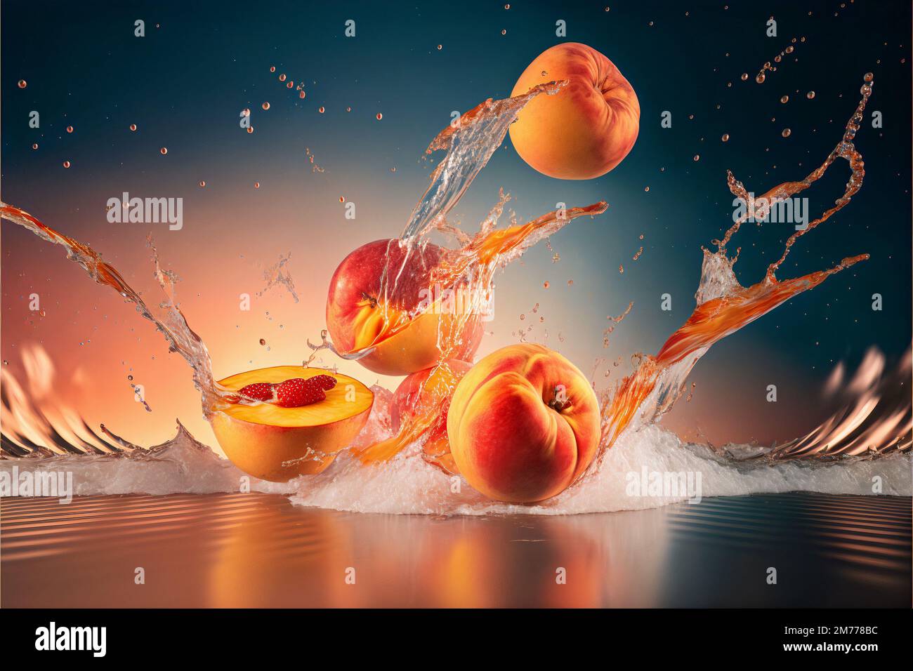 A closeup of peaches and the juice splashes isolated on a dark ...