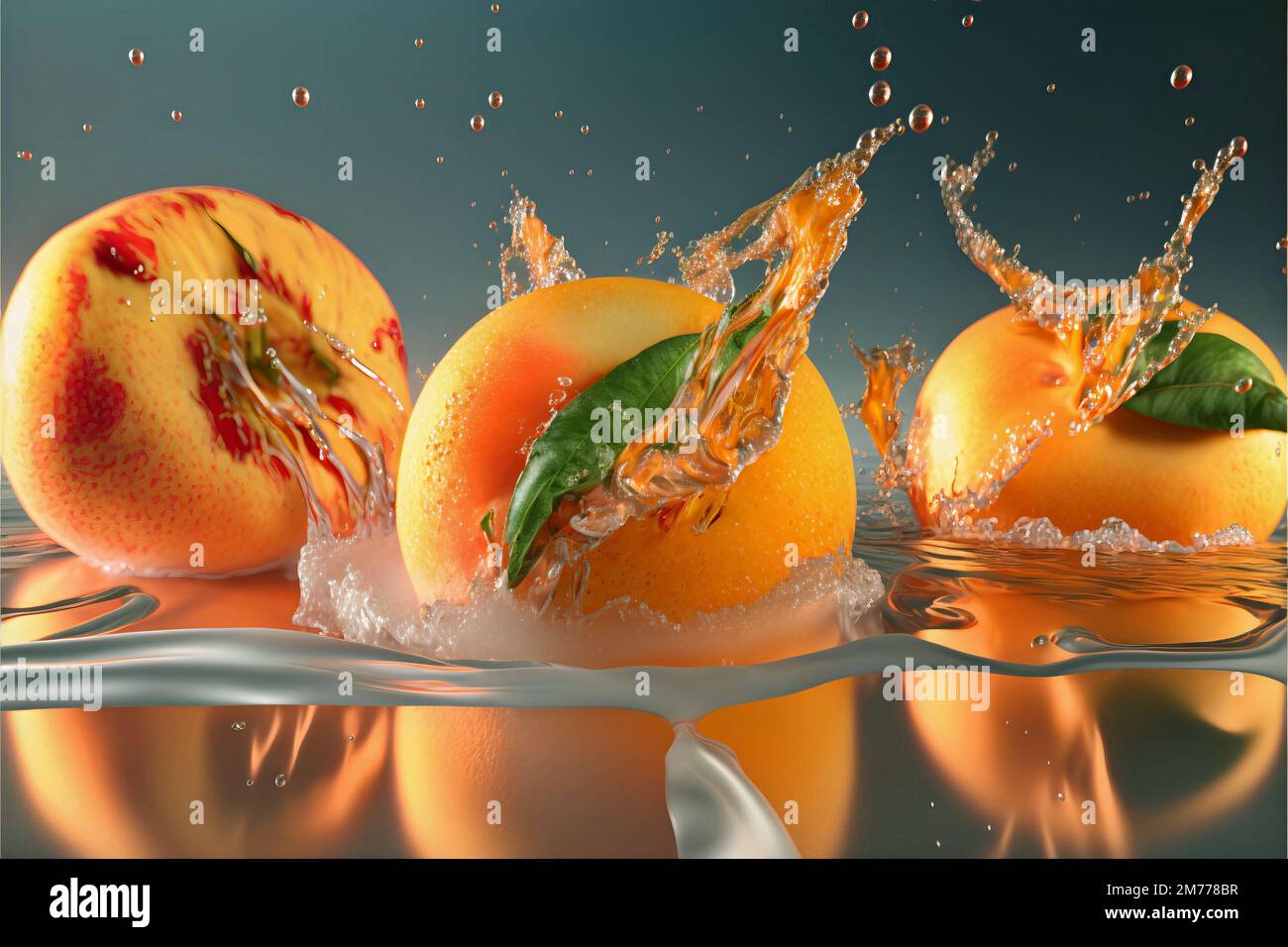 A closeup of peaches and the juice splashes isolated on a dark ...